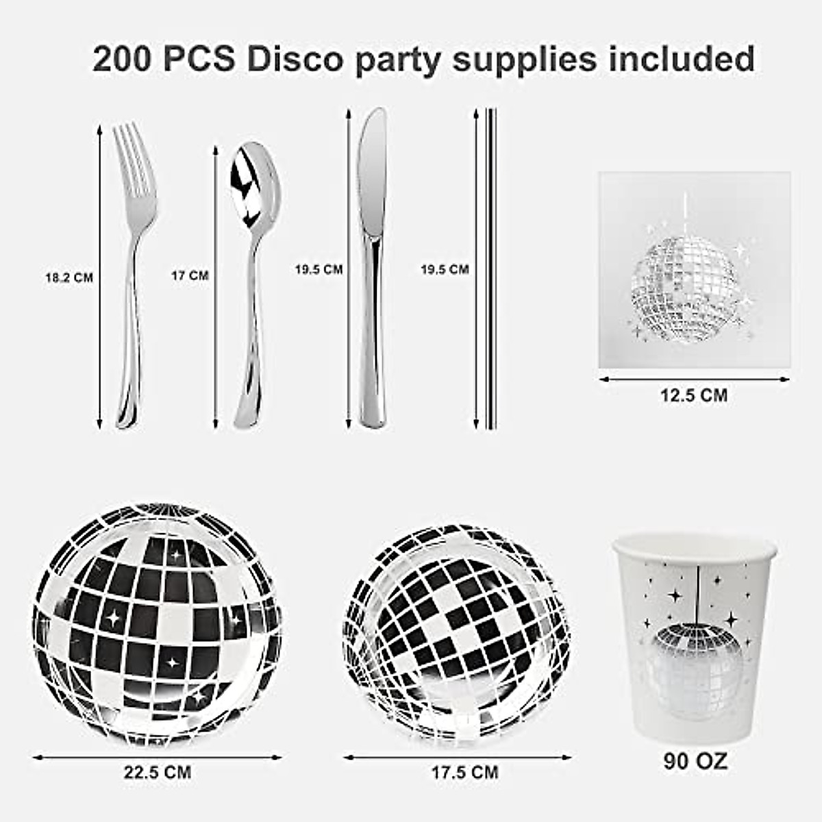 200 Pcs 70s Disco Party Supplies-Includes Disco Ball Cups, Straws, Plates, Napkins and Silver Wares, Cocktail Napkins and Disco Party - Perfect for Weddings 80s/90s Disco Parties Picnics and Travel