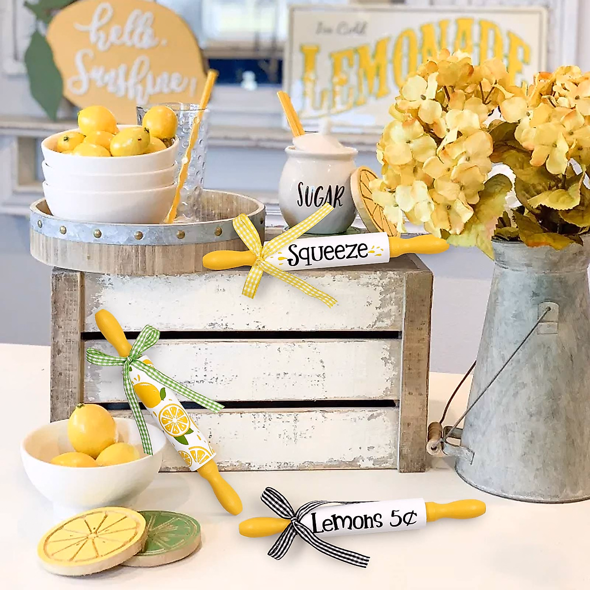 3pcs Lemon Mini Rolling Pins Wood Tiered Tray Decor Sign Rustic Black Yellow Green Buffalo Plaid Squeeze Fresh Lemonade Summer Farmhouse Lemon Kitchen Home Decor for Tray, Shelf, Centerpiece