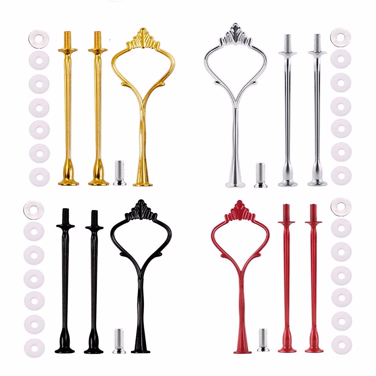 WHZAZGW 4 Sets of 3 Tier Cake Plate Stand Handle, Metal Fruit Cake Cupcake Plate Stand Handle Fitting Hardware, Crown Fittings (Sliver & Gold & Red & Black)