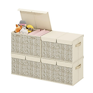 Wisdom Star 4 Pack Large Storage Bins with Double Lids & Handles, Collapsible Fabric Storage Cube Bin Basket with Removable Divider, Foldable Closet Organizer Clothing Shelf Basket, Beige