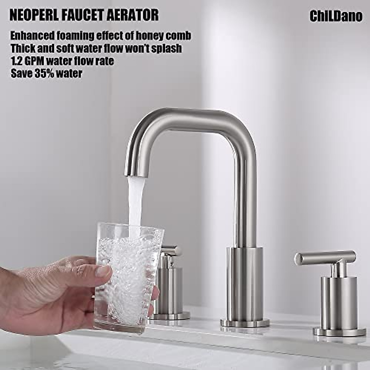 8 inch Brushed Nickel Widespread Bathroom Faucet, 2 Handle 3 Hole Bathroom Faucet with Sink Drain and Water Faucet Supply Hose, ChiLDano Bathroom Faucets CH3166BN