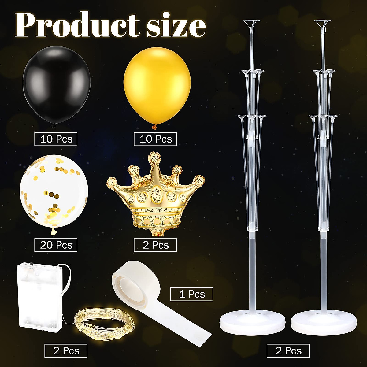 Sosation 2 Set Floor Crown Balloon Stand Kit Includes LED String Lights 42 Balloons 44 Balloon Sticks 26 Balloon Cups Gold Balloon Column Backdrop Decoration for Birthday Graduation Baby Shower Party