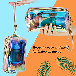 HRX Package Clear Iridescent Holographic Makeup Bag, 2pcs Travel Cosmetic Pouches with Zipper Toiletry Organizer Case for Purse Diaper Bag Beach Bag