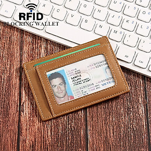 XIMI Men'S And Women'S Minimalist Ultra-Thin Wallets Rfid Front Pocket Leather Card Holder Wallet Fashion Bank Card Coin Purse Case With Id Window Simple Credit Card Holder (Khaki)