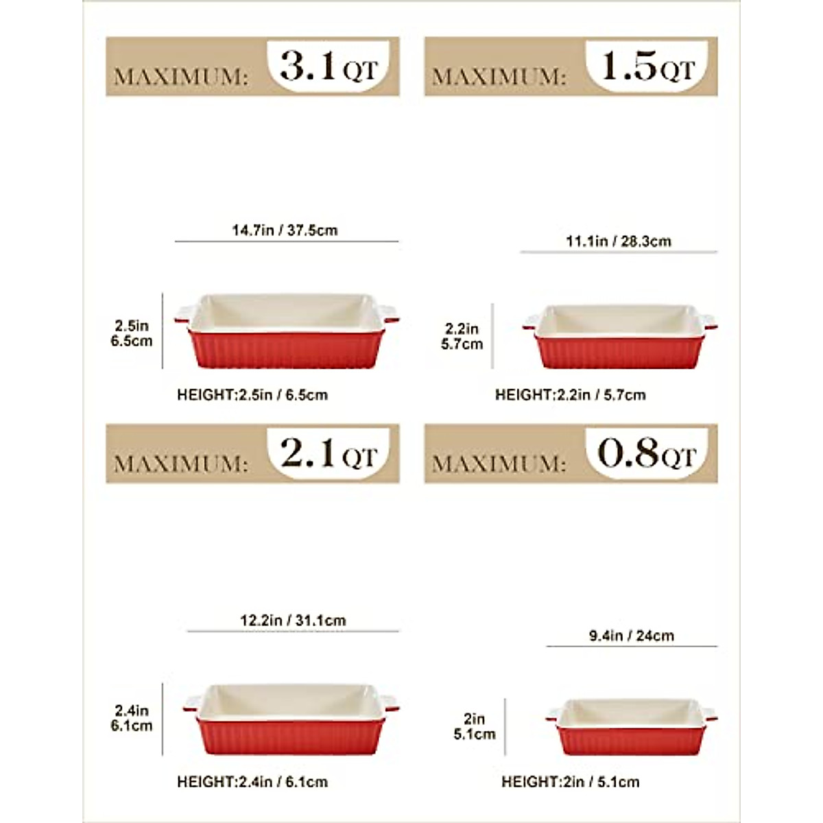 MALACASA Casserole Dishes for Oven, Porcelain Baking Dishes, Ceramic Bakeware Sets of 4, Rectangular Lasagna Pans Deep with Handles for Baking Cake Kitchen, Red (9.4"/11.1"/12.2"/14.7"), Series BAKE.BAKE