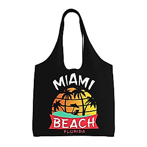 Miami Beach Florida Canvas Shoulder Tote Bags Reusable Handbags Shopping Bag For Daily Women Or Men