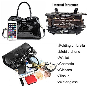 XingChen Shiny Women Handbag Patent Leather Bowknot Purse Charm Glossy Top-Handle Satchel Tote Fashion Shoulder Bag(Blue)