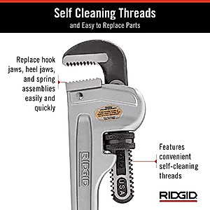 RIDGID 47057 Aluminum Straight Pipe Wrench, 12" Sturdy Plumbing Wrench with Self Cleaning Threads and Hook Jaws