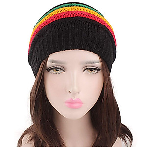 Qhome Fashion Jamaican Reggae Cap Multi-Colour Striped Rasta Hat Slouchy Baggie Beanie Skullies Gorro Rasta Women