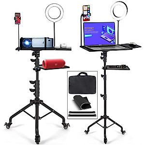 Asltoy Projector Tripod Stand with Wheels Adjustable Height Laptop Tripod Stand with LED Ring Light Carrying Bag 2 Shelves Mouse Tray Phone Holder Projector Music Stand Portable Laptop Floor Stand