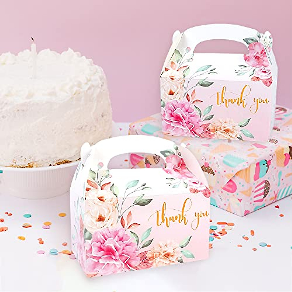 24 Pcs Floral Thank You Treat Boxes for Wedding, Thank You Treat Boxes with Handles Floral Treat Boxes Party Favors Premium Cardboard Box for Gift, Perfect for Wedding, Baby Shower, and Party