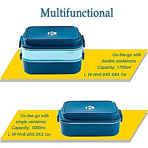 TWOKIWI Bento Box Adult Lunch Box – Lunch Containers for Adults – 7 Cup Bento Lunch Box with 3 Compartments & Fork, Microwave,Dishwasher & Freezer Safe (Ocean Blue)