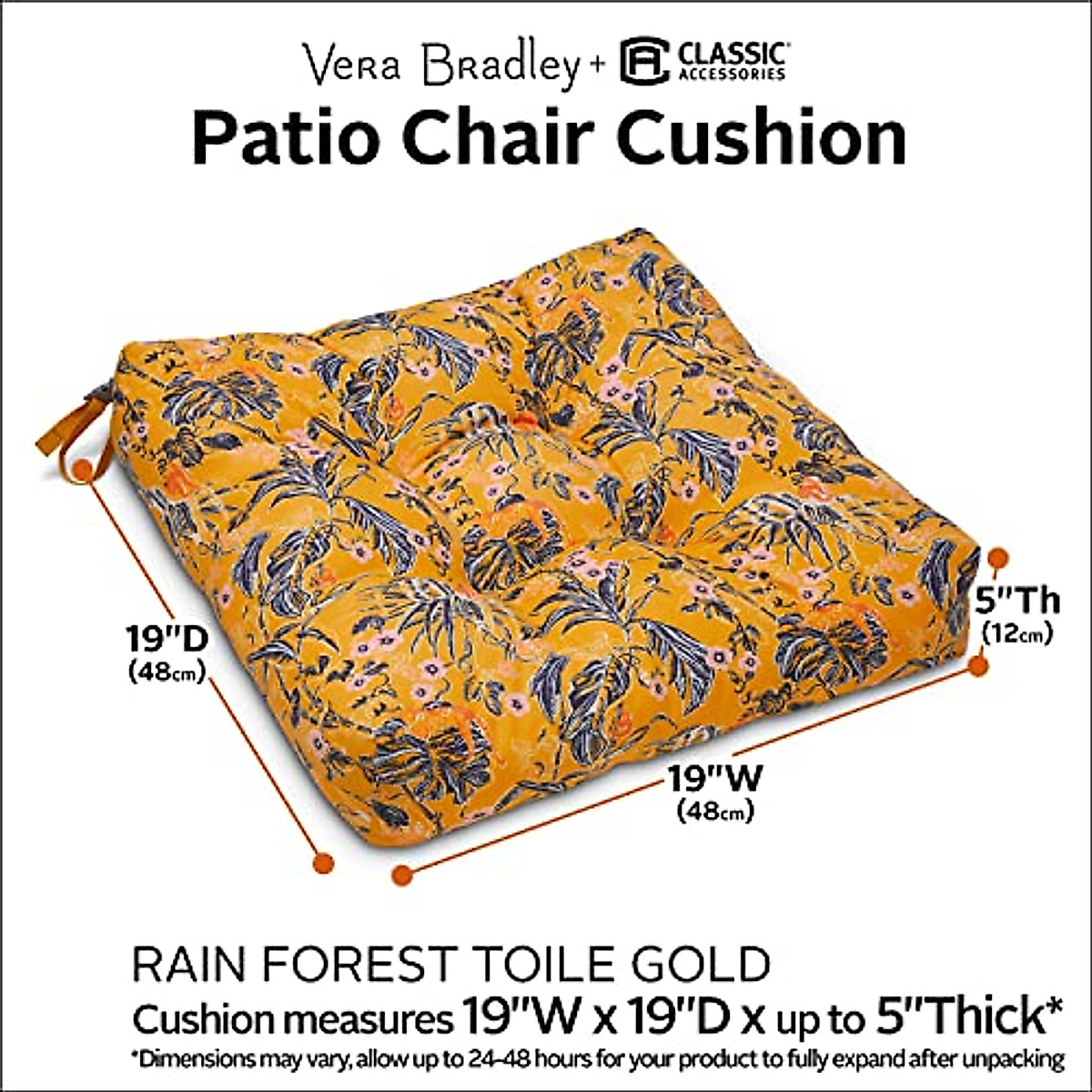 Vera Bradley by Classic Accessories Water-Resistant Patio Chair Cushions, 19 x 19 x 5 Inch, 2 Pack, Rain Forest Toile Gold, Chair Seat Cushions