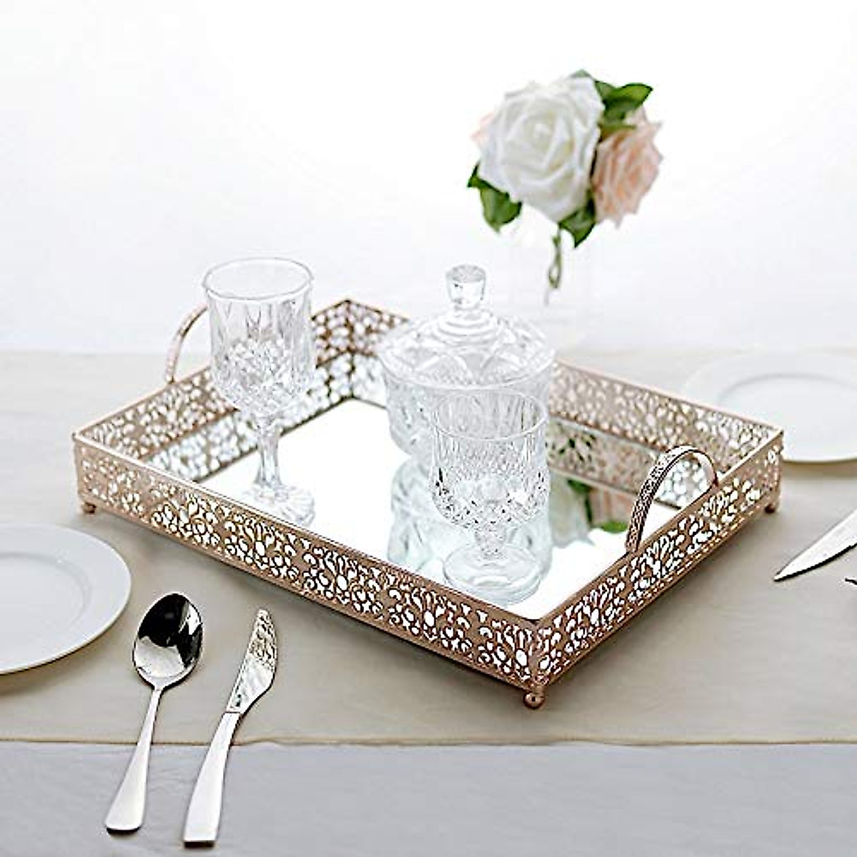 BalsaCircle 16x12-Inch Rose Gold Metal Rectangle Fleur De Lis Trim Decorative Mirror Serving Tray Wedding Party Dessert Centerpieces