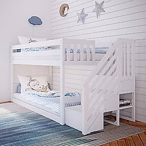 Max & Lily Low Bunk Bed, Twin-Over-Twin Bed Frame For Kids With Stairs, White