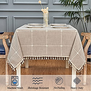 Mebakuk Rectangle Table Cloth Checkered Farmhouse Tassel Tablecloth Wrinkle Free and Washable Decorative Embroidered Fabric Table Cover for Kitchen (Oblong 55" x 86" (6-8 Seats), Coffee Grid)