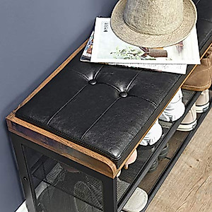 VASAGLE Padded Storage Bench with Mesh Shelf, Shoe Rack, Metal Frame, Easy Assembly, Space Saving, Imitation Leather, 31.5”L x 11.8”W x 18.9”H (80 x 30 x 48 cm), Rustic Brown