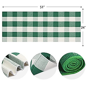 Green Checkered Outdoor Rug Front Door Mat 24'' x 51'', Buffalo Plaid Entryway Rug with 4 Non-Slip Grippers, Farmhouse Vibe Porch Rug Welcome Layered Doormat, Laundry Room/Entrance/Kitchen Rug