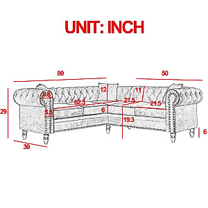 LKTART 80" Luxury Classic Chesterfield L-Shaped Sofa Button Tufted Roll Arm Solid Wood Legs 3 Pillows Included for Living Room