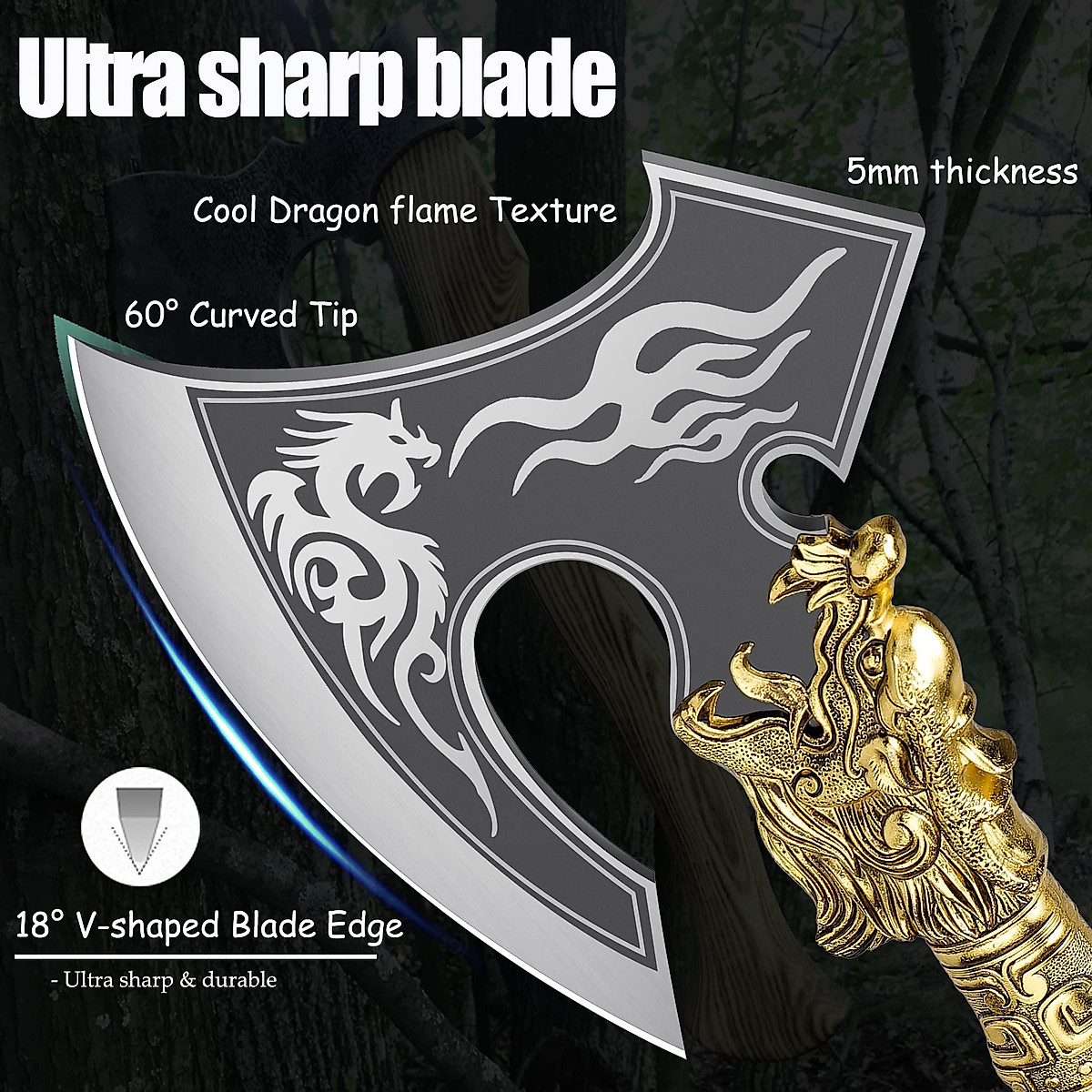 univinlions Heavy Duty Kitchen Axe Forged Bone Cleaver Cool with Dragon Handle Hatchet for Home, Outdoor Camping, Hiking Birthday Thanksgiving Idea Men
