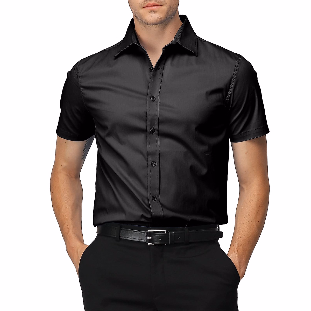 H2H Mens Slim Fit Short Sleeve Dress Shirtsby BLACK US XL/Asia 2XL (KMTSTS0132)