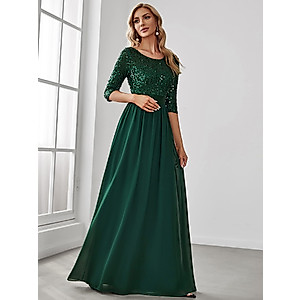 Ever-Pretty Women's Elegant A Line Crew Neck Half Sleeve Sequin Maxi Evening Dress Dark Green US14