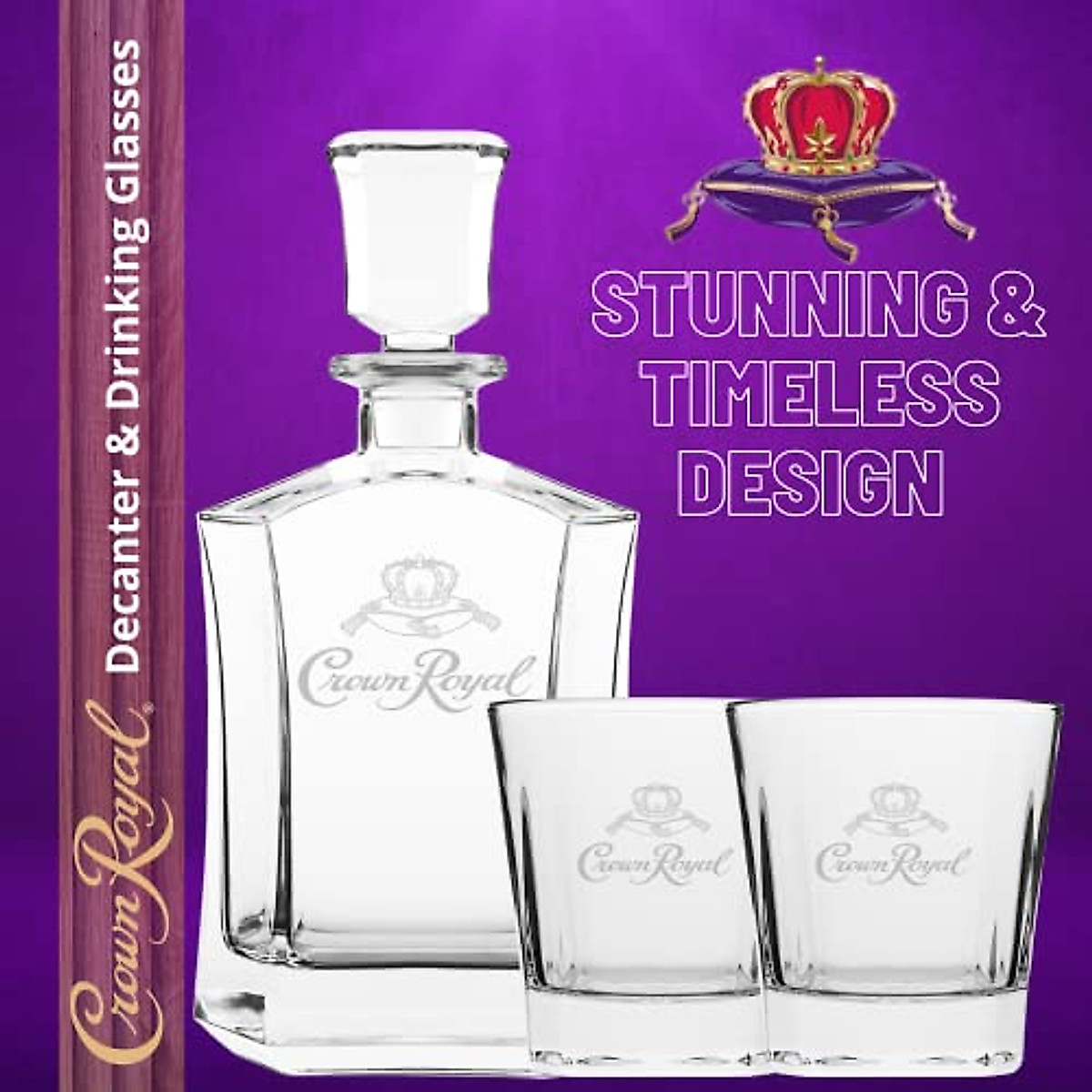 Whiskey Decanter Fathers Day Crown Royal Gifts for Men Set with 2 Drinking Glasses | Whiskey Decanter Set for Men and Women | Compatible