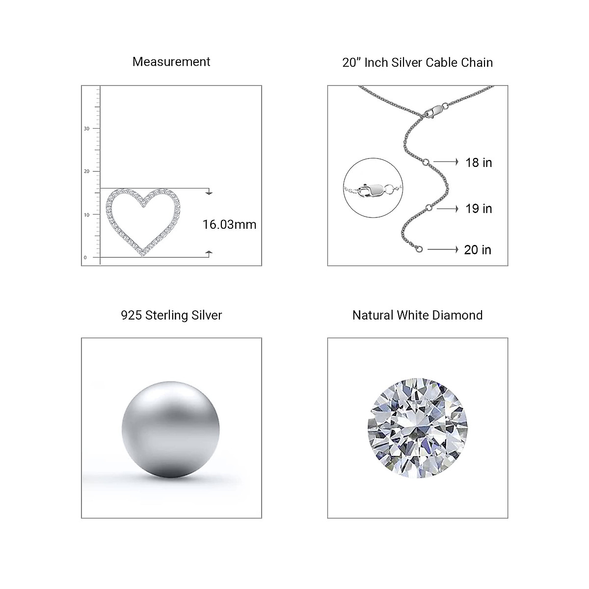 Elmas 1/4ct Round Natural Diamond 925 Sterling Silver Diamond Heart Love Pendant Necklace for Women