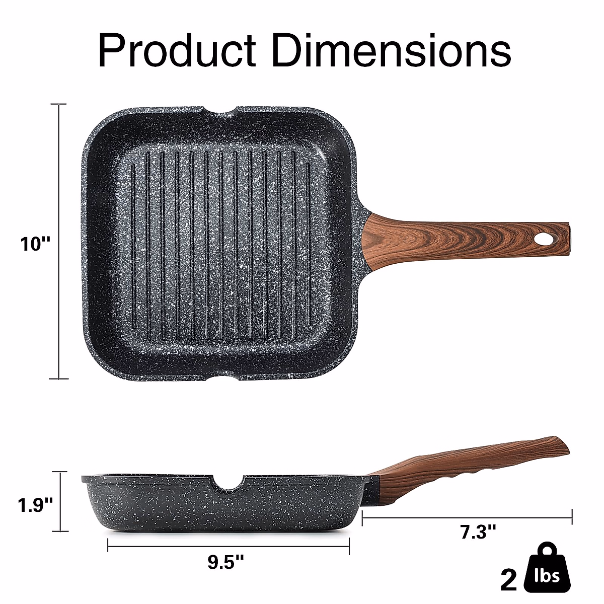 Kordisen Nonstick Grilling Pan for Stove Tops, 9.5 Inch Square Grill Pan for Indoor Cooking, Granite Coating Grill Skillet with Pour Spouts, Versatile Griddle, Induction Steak Pan, PFOA Free