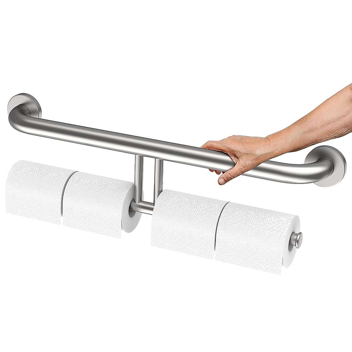 Brushed Nickel Double Toilet Paper Holder w/Safety Bar 24 inch, Zepolu 2-in-1 Assist Bar Balanced Support Handle, Stainless Steel Wall Mounted Bathroom Toilet Grab Bar for Senior Elderly Handicap