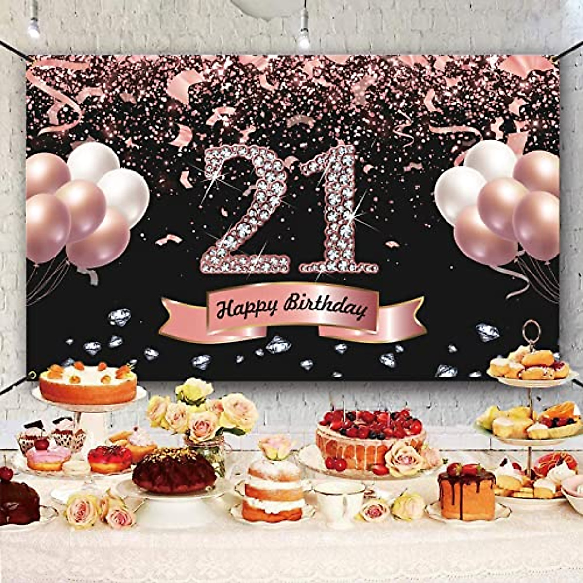 Trgowaul 21st Birthday Decorations for her - Rose Gold 21st Birthday Backdrop for Women 21st Birthday Party Supplies Photography Supplies Background Happy 21st Birthday Banner