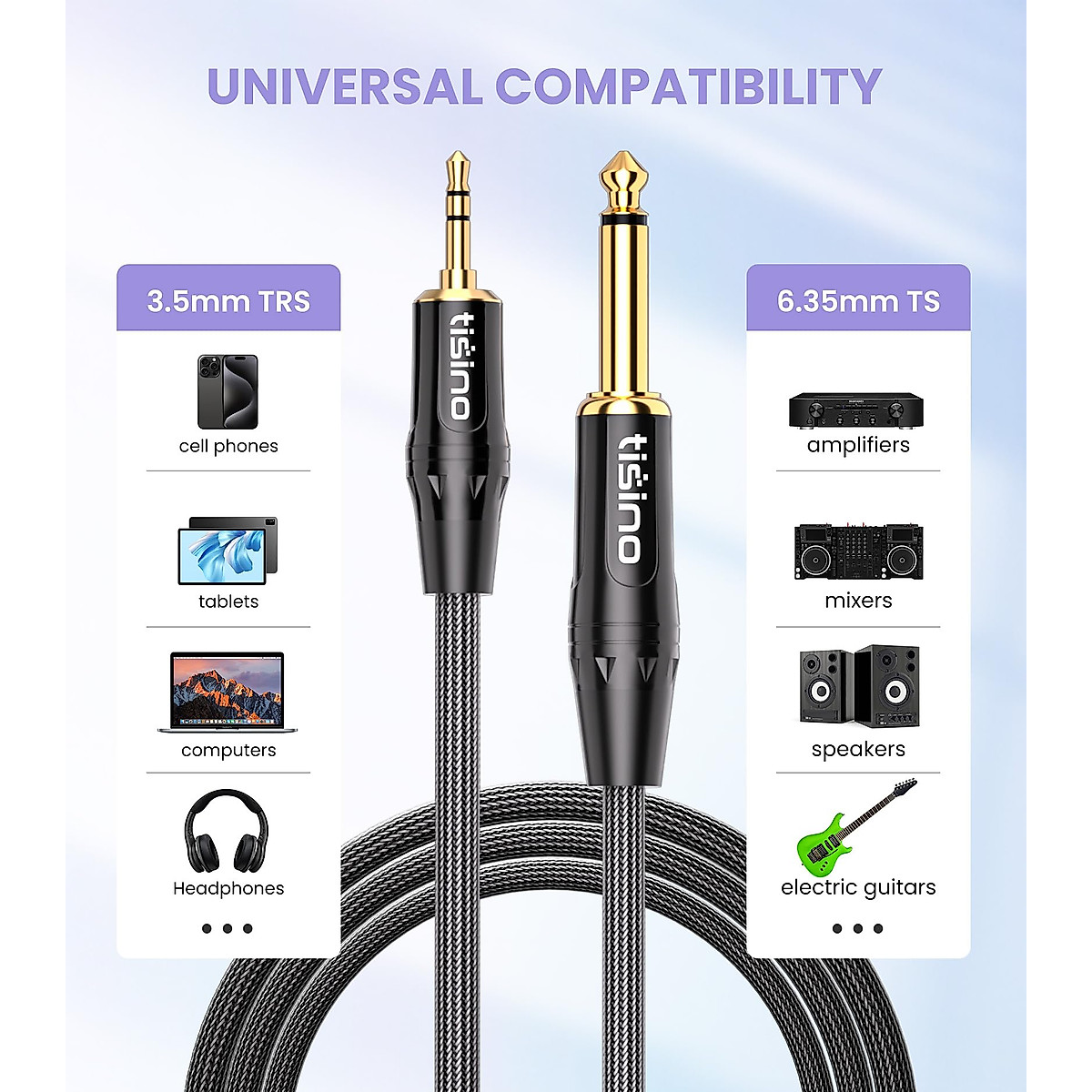 tisino 1/4 Mono to 1/8 Stereo Cable, 3.5mm TRS Stereo to 1/4 inch TS Mono Interconnect Cable (Mono to Stereo Adapter) - 10 feet