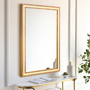 Wood Bathroom Mirror with Solid Frame,24 x 36 Inch LED Lighted Vanity Mirror,Rectangle Makeup Tempered Mirror for Wall,Light up Unique Mirror(Natural)