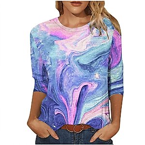Country Concert Tops For Women 2024 Spring Tops Trendy 3/4 Sleeve Graphic Tees Casual Loose Basic t-Shirt Marble Print Shirt Blouse