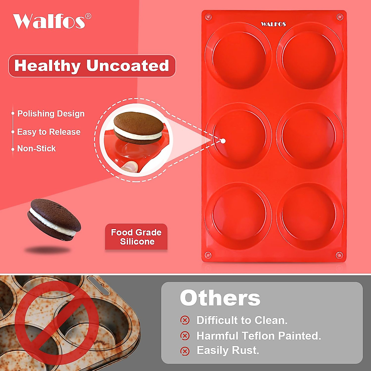 Walfos Silicone Whoopie Pie Baking Pans, Non-Stick Muffin Top Pan Set of 4. Food Grade and BPA Free Silicone,Perfect for Muffin, Eggs, Tarts and More, Dishwasher Safe