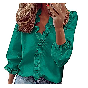Long Sleeve Ruffle Shirts for Women Ladies Elegant Solid Fashion Fall Clothes Plus Size V Neck Loose Pullover Tops Green