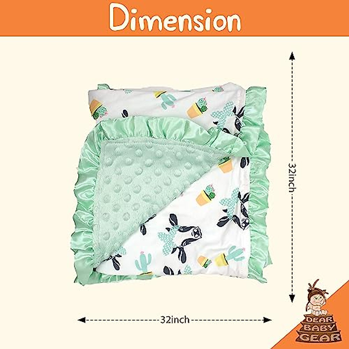 Dear Baby Gear Farm Deluxe Baby Blanket - Reversible, Milestone & Newborn Gifts - Black, White Heifer Cow Mint Green Dot Bandana, Cactus Succulents in Pots, Mint Ruffle, 32x32 Inches