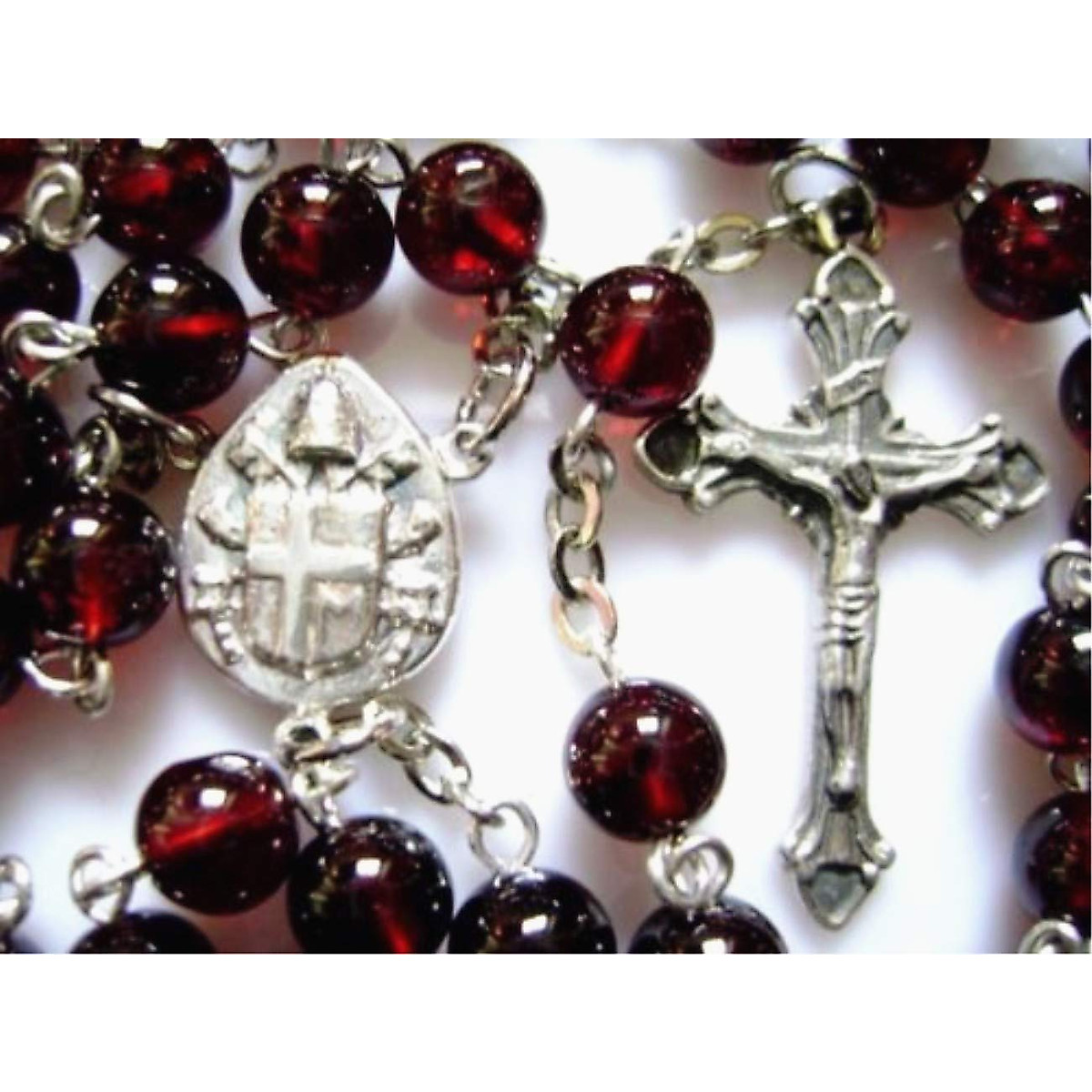 elegantmedical HANDMADE Garnet Gemstone Bead Catholic Sterling 925 Silver 5 DECADE ROSARY Cross Crucifix Necklace Womens/Girls