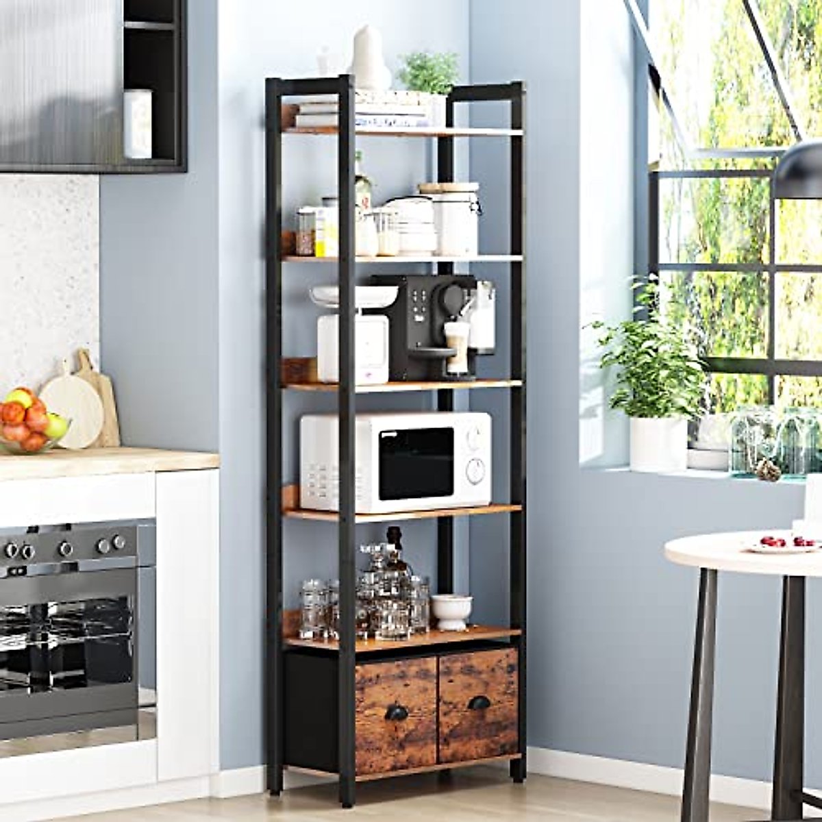 Furologee TV Stand with 3-Tier Open Storage Shelves and 6-Tier Bookshelf, Tall Rustic Bookcase with 2 Drawers Storage Organizer,