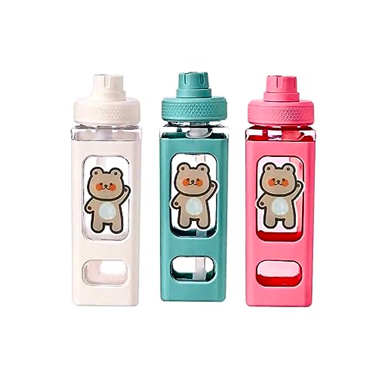 Kawaii Water Bottle With Straw And Sticker 23.6oz Cute For Kids Girls No Leak Large Sport Plasti Portable Square Drinking School Supplies, 02-Pink, 24