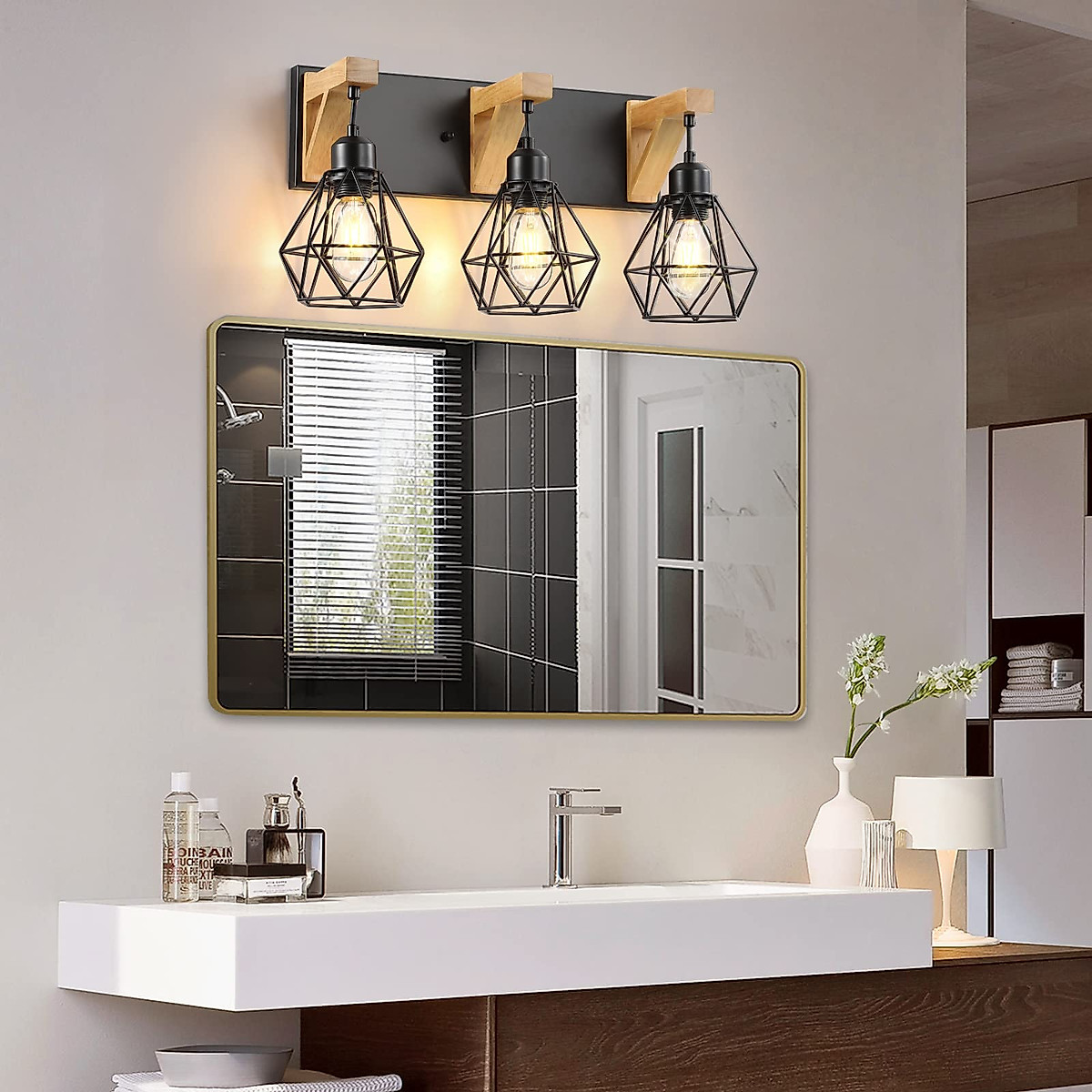 Farmhouse Bathroom Light Fixtures, 3 Light Bathroom Vanity Light, Rustic Lighting Fixtures Over Mirror, Wall Sconces Lighting with Elegant Metal Lampshade for Living Room, Bedroom, Hallway