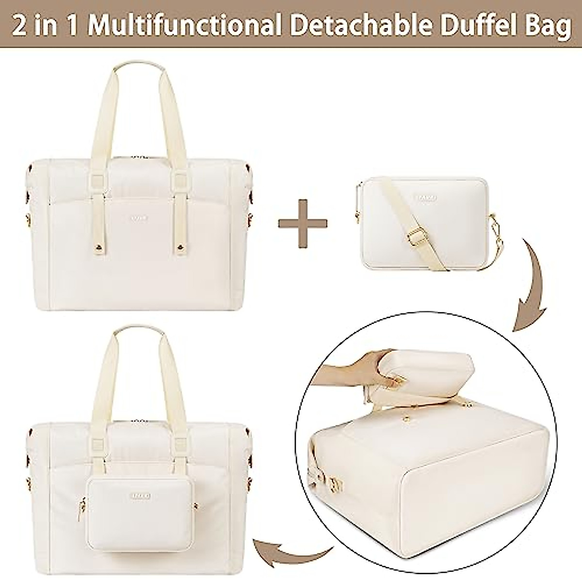 Weekender Bags for Women with 15.6" Laptop Compartment, LYAUK Travel Duffel Bag with Detachable Makeup Bag&Wet Pocket, Carry on Overnight Bag for Airplanes,Hospital Bags for Labor and Deliver Beige