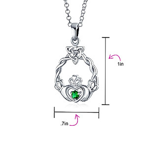 Bling Jewelry Traditional Irish Kelly Green Cubic Zirconia CZ Celtic Infinity Love Knot Friendship Heart Claddagh Pendant Necklace For Women Teen .925 Sterling Silver