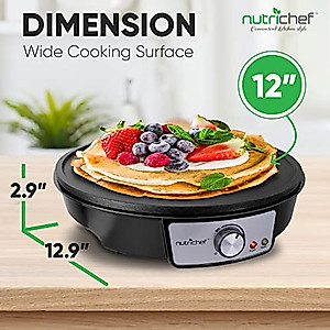 NutriChef Electric Griddle & Crepe Maker | Nonstick 12 Inch Hot Plate Cooktop | Adjustable Temperature Control | Batter Spreader & Wooden Spatula | Used Also For Pancakes, Blintzes & Eggs