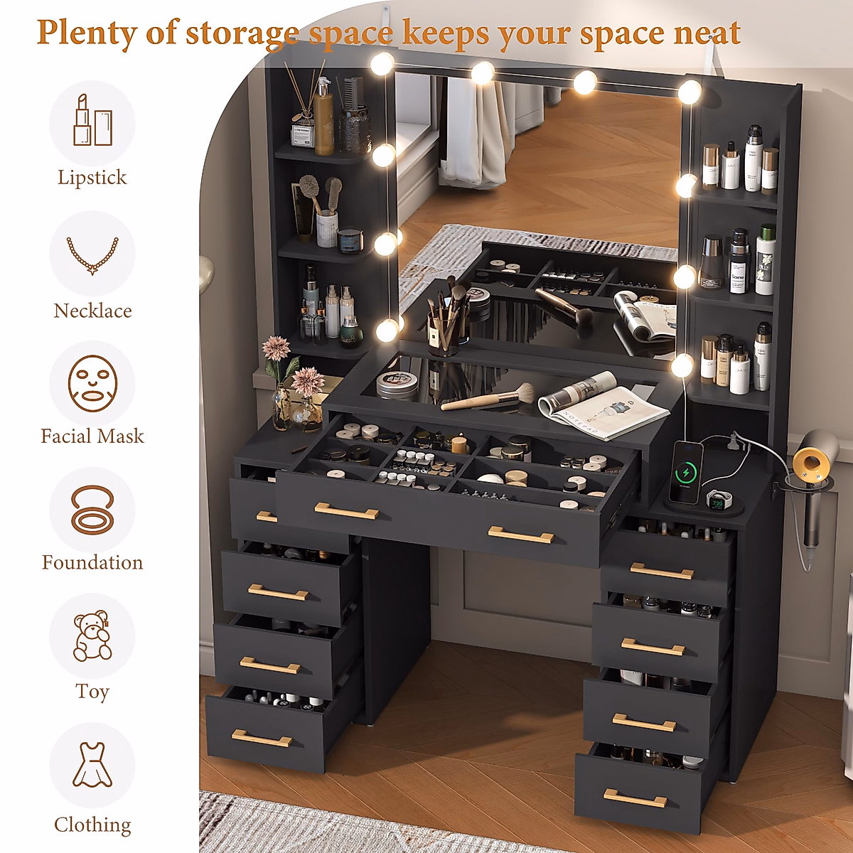 jiteentarou Glass Top Vanity Desk with Mirror and Lights, Large Vanity Makeup Mirror Desk with Charging Station Compartment Storage Drawers, Modern Makeup Vanity with 9 Drawers 6 Shelves, Black