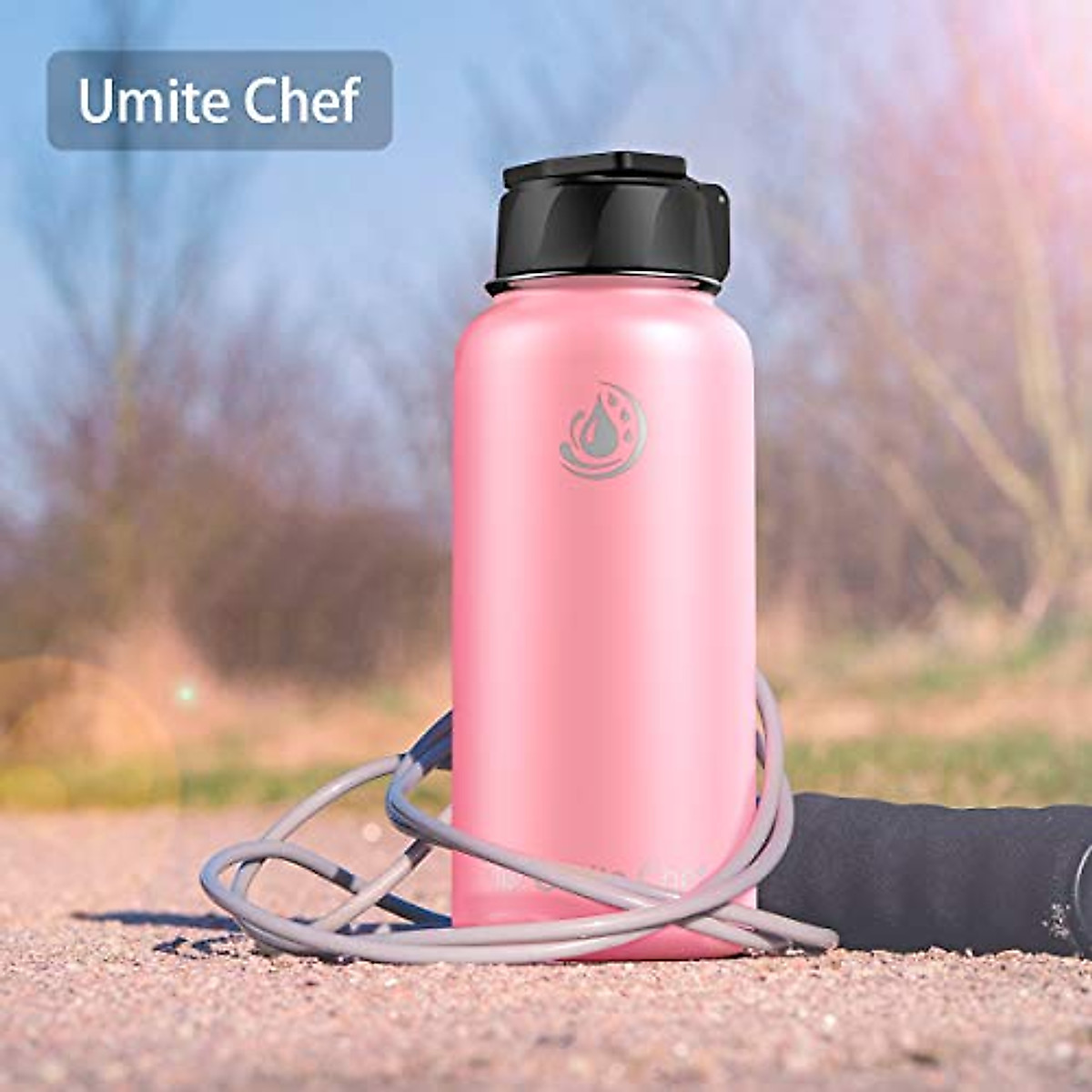 Umite Chef Sports Water Bottle with New Wide Handle Straw Lid, Vacuum Insulated Stainless Steel Thermos Mug, 32 oz Double Walled Wide Mouth Water Bottle ,Leak Proof, Sweat Free (Flamingo)
