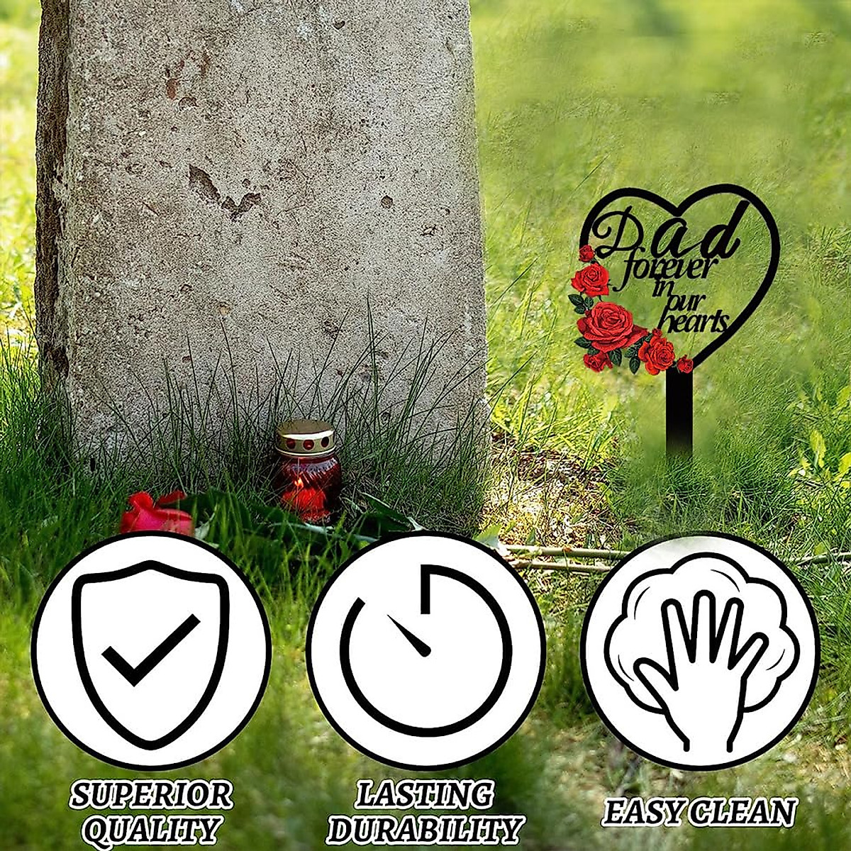 ZPhomeing Grave Decorations with Heart and Flower for Loss Dad Metal Cemetery Memorial Plaques Sympathy Grave Markers - Black Decorative Garden Cemetery Stake