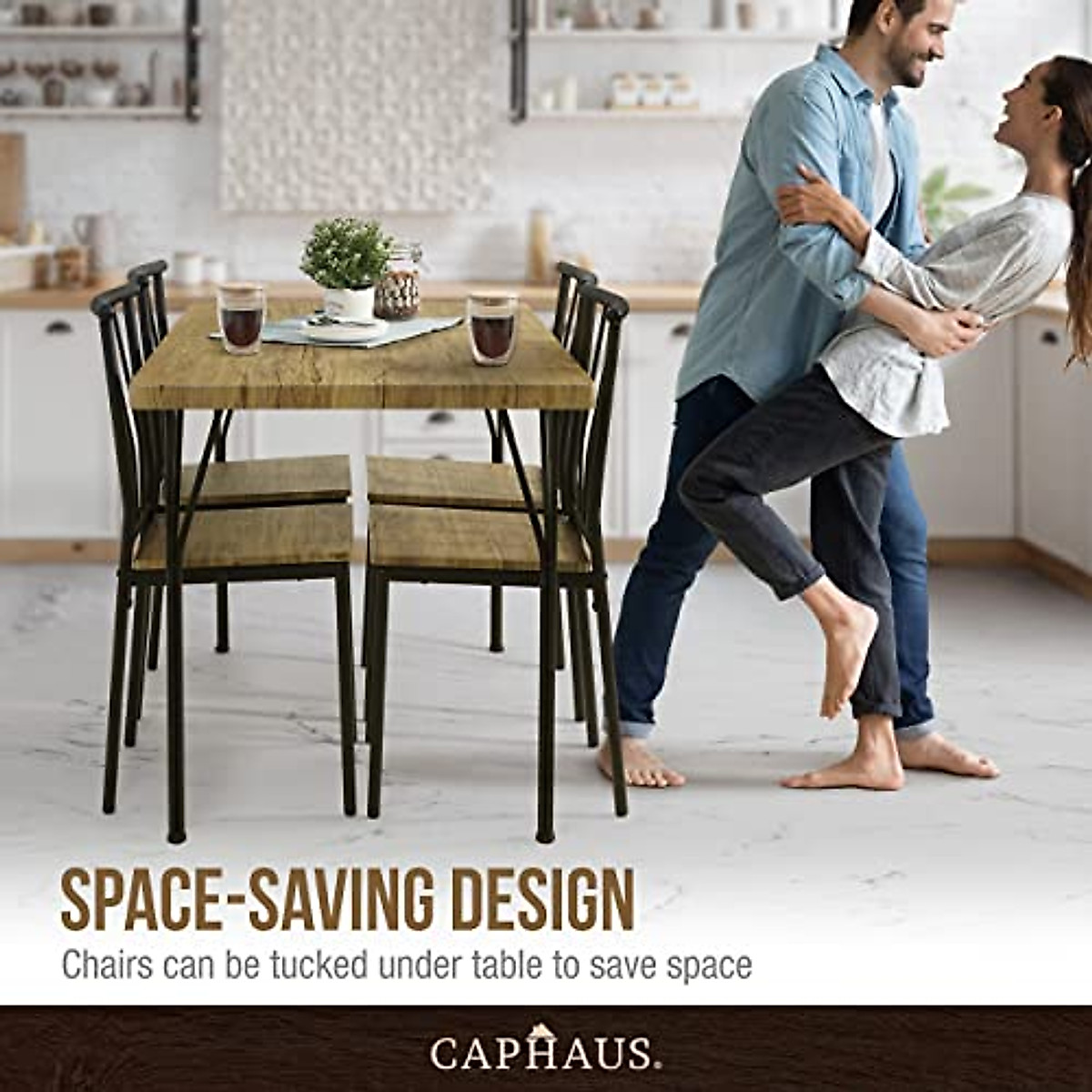 CAPHAUS 5 Pieces Dining Table & Chairs Set for 4, Space-Saving Rectangle Table w/Four Chairs for Kitchen, Dining Room, Breakfast Nook, Dinette, Modern Design Set, Brown Oak