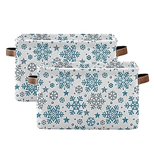 Winter Snowflake Blue Sliver Storage Basket Fabric Laundry Baskets Christmas Bells Xmas Snowman Storage Boxes Organizer Bag for Baby Cloth Dog Toy Book Storage Cubes Shelf Closet Bins 16×12×8 Inches