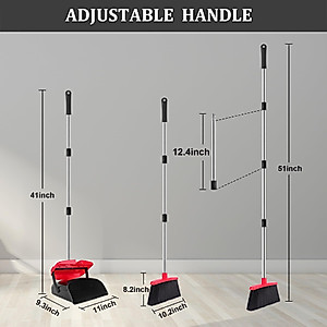 Broom with Dustpan Combo Set,UDUK 51'' Long Handle Broom with Standing Dustpan for Home, Heavy Duty Broom and Dustpan Set with Lid and Cleaning Teeth, Ideal for Pet Store Kitchen Indoor Outdoor (Red)